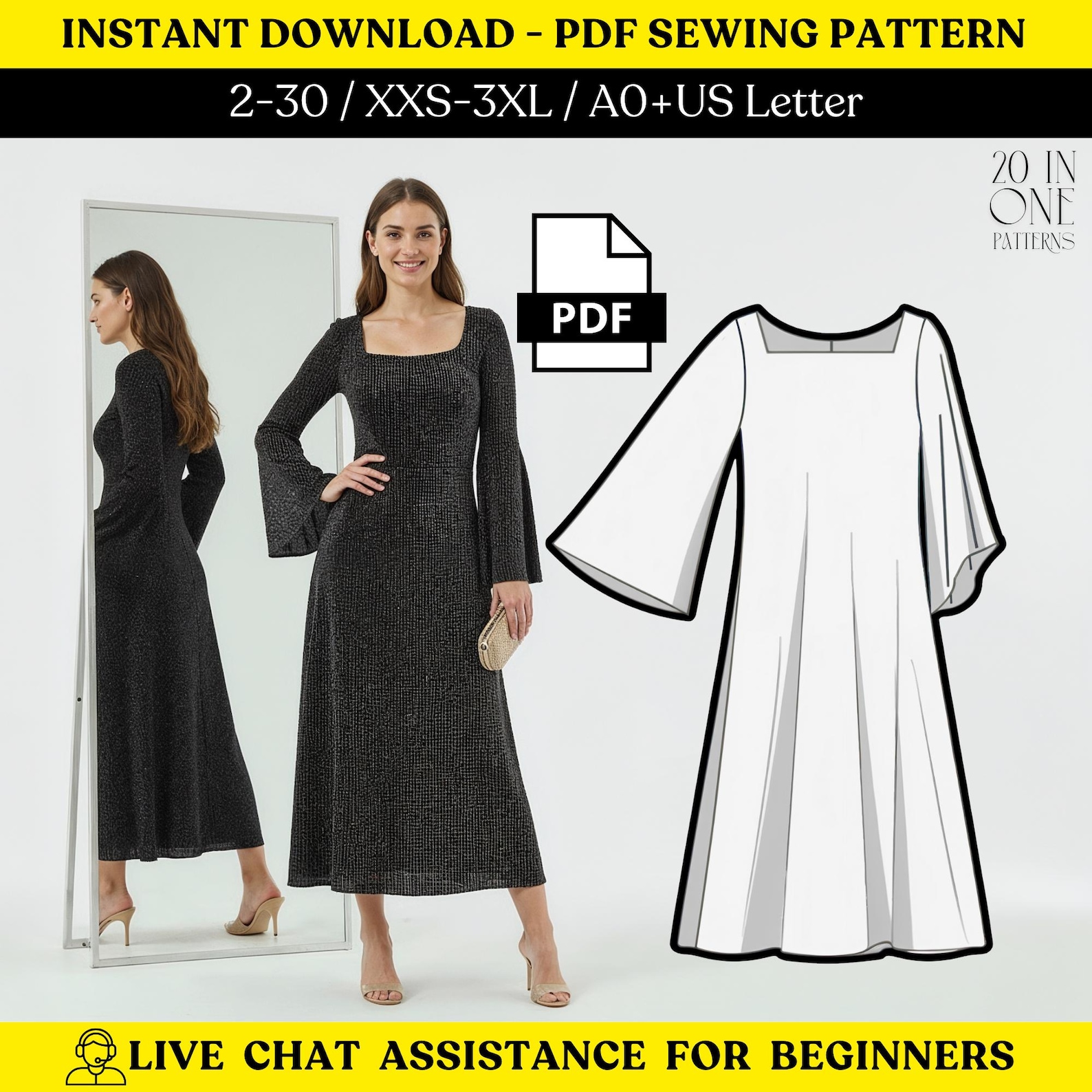 Bell Sleeve Midi Dress Sewing Pattern – Square Neck PDF, A-line Elegant ...