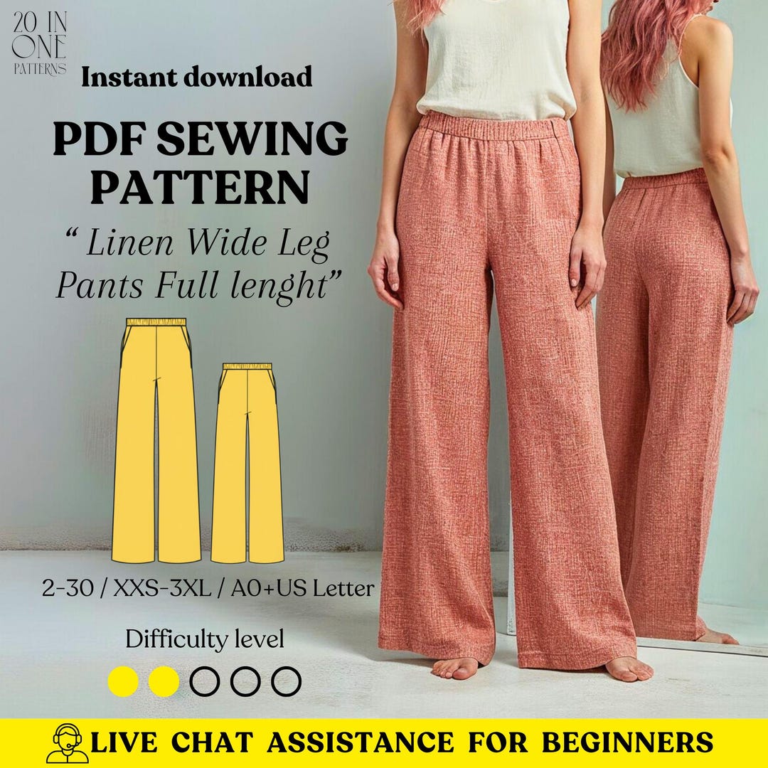Linen Wide Leg Pants Sewing Pattern PDF – Trousers With Elastic Waist ...