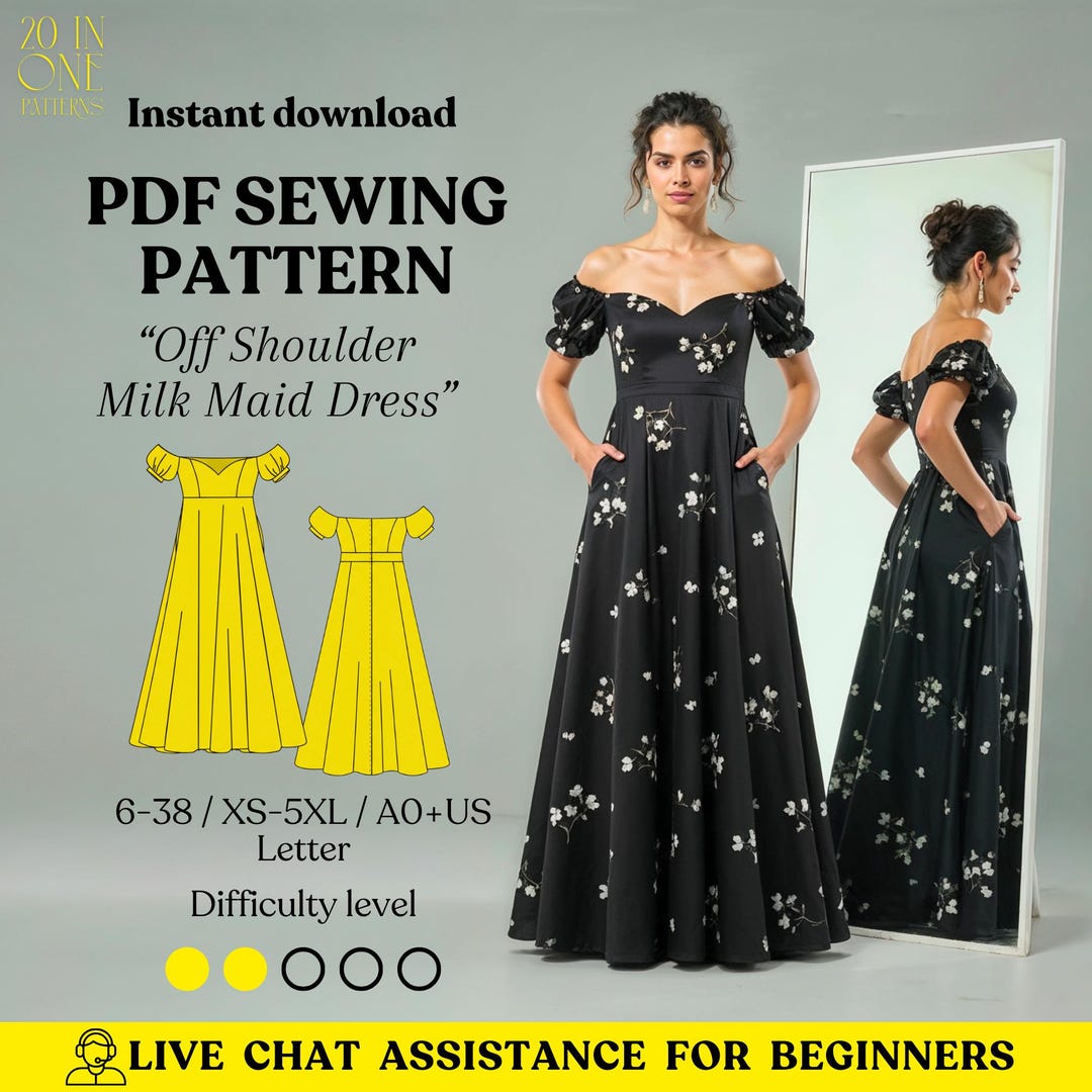 Milkmaid Dress Sewing Pattern PDF: Cottagecore Maxi Dress (XS-5XL, A0 ...