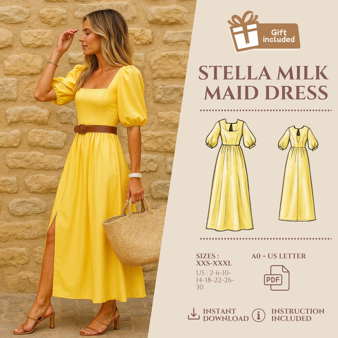 Milkmaid Midi Dress Sewing Pattern: Cottagecore Puffy Sleeves (PDF ...