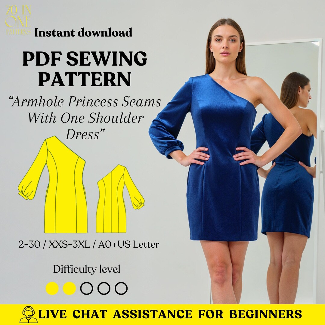 One Shoulder Dress Sewing Pattern PDF – Princess Seams Party Dress XXS ...
