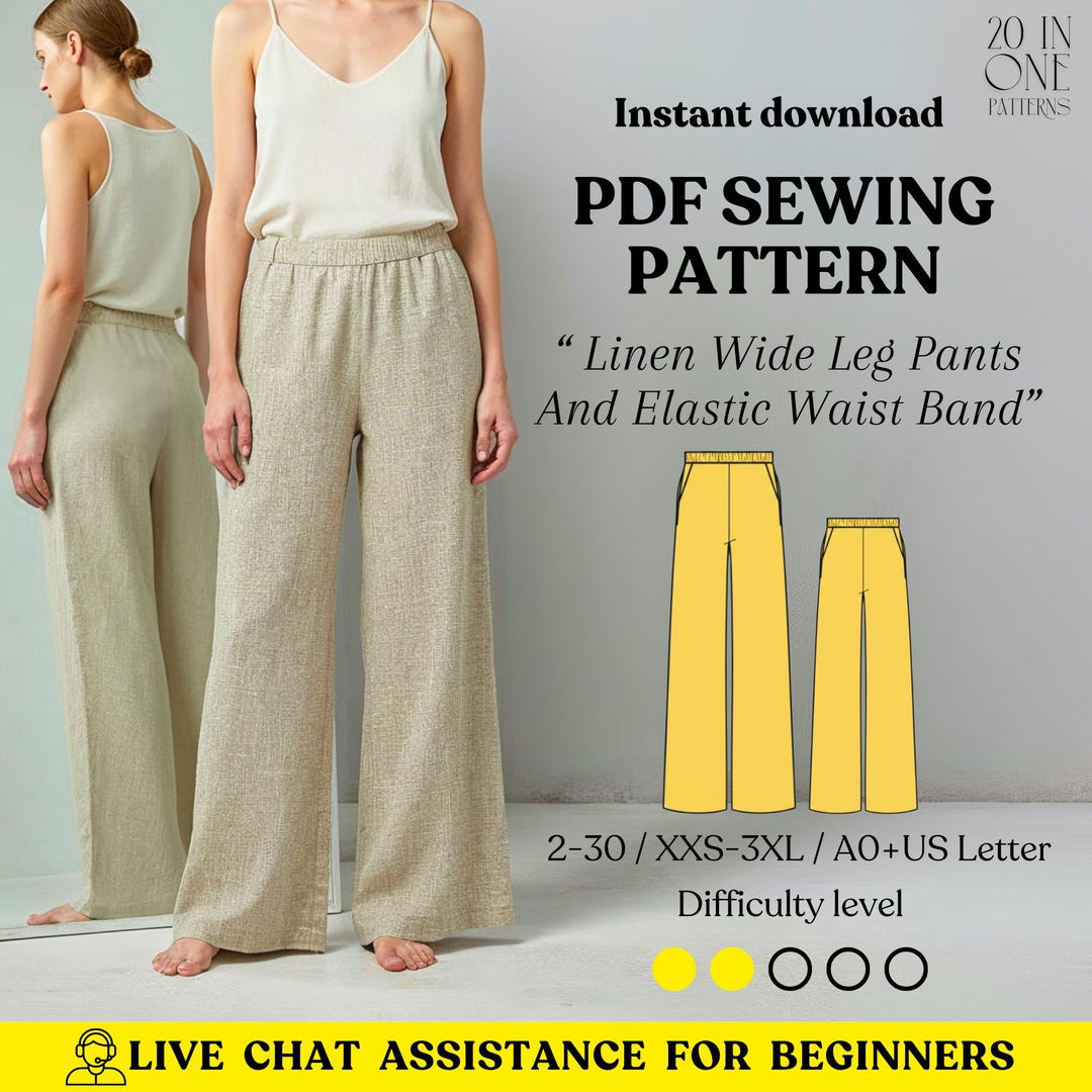 Wide Leg Trousers Sewing Pattern PDF – High Waist Linen Pants for ...