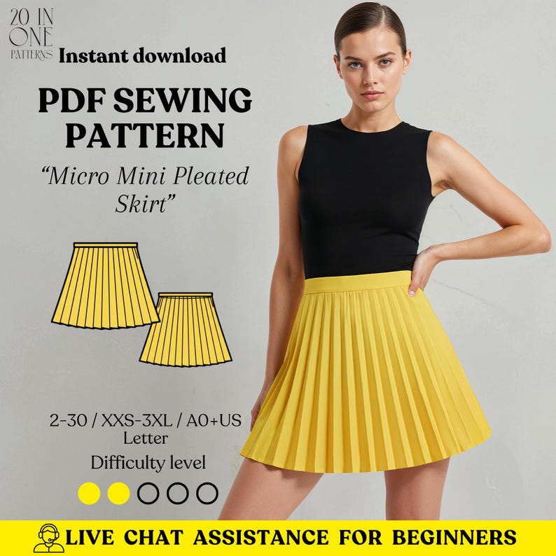 Micro Mini Skirt Sewing Pattern – Digital PDF Pleated Skirt, XXS-3XL ...