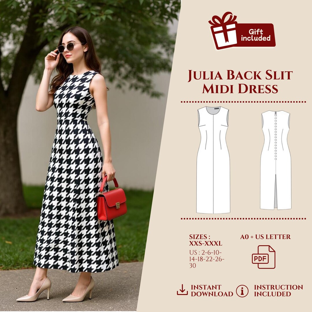 Back Slit Midi Dress Sewing Pattern: Sleeveless Fitted Design (US 2-30 ...