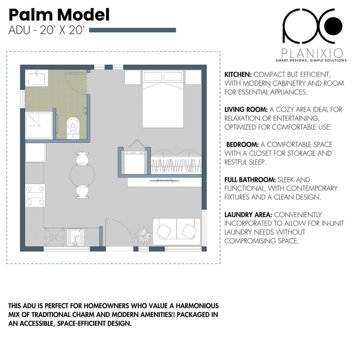 Studio ADU House Plan PDF | 20x20 Tiny Home Design | Guest House ...