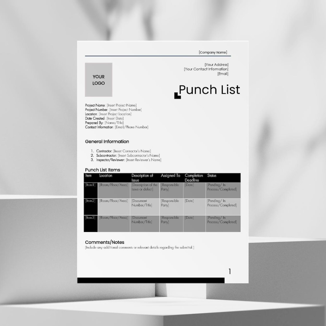 Construction Punch List Template | Editable Final Inspection Checklist ...