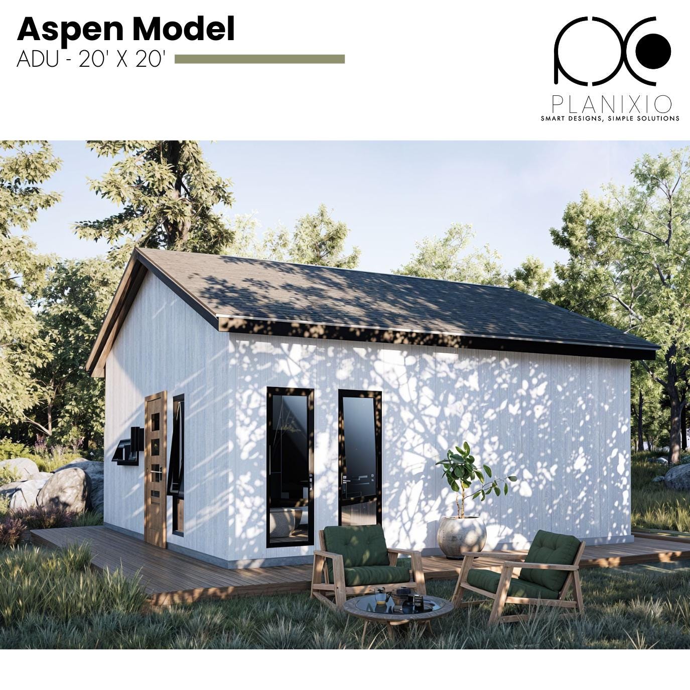 ADU House Plan 20x20 Ft Studio | Gable Roof Tiny Home Design – Aspen ...