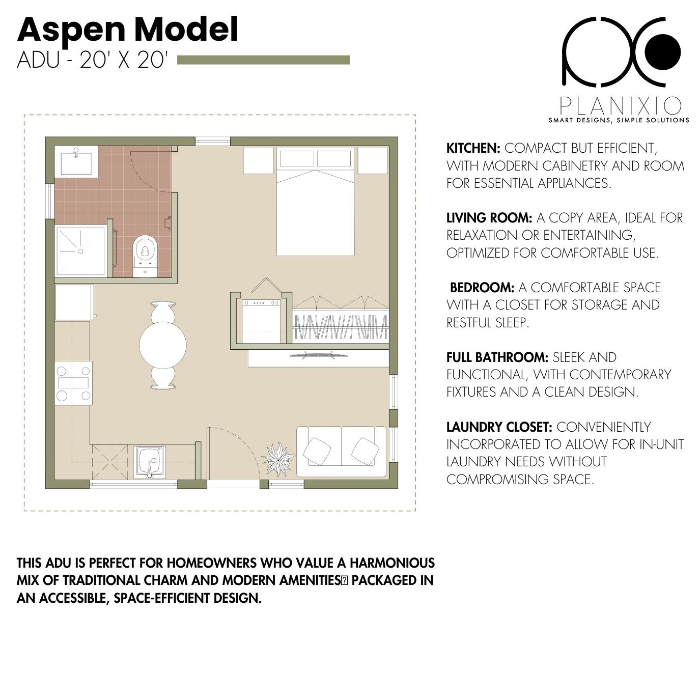 ADU House Plan 20x20 Ft Studio | Gable Roof Tiny Home Design – Aspen ...