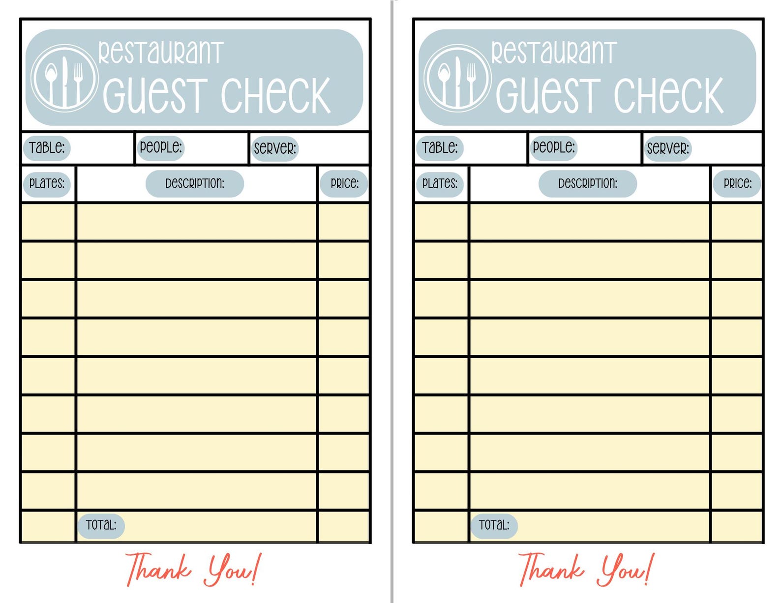 Printable Guest Check// Pretend Play Activities - Etsy