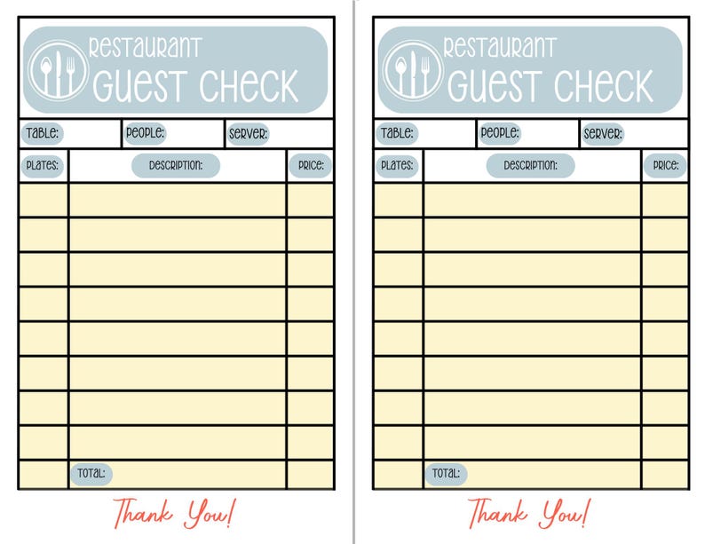 Printable Guest Check// Pretend Play Activities - Etsy