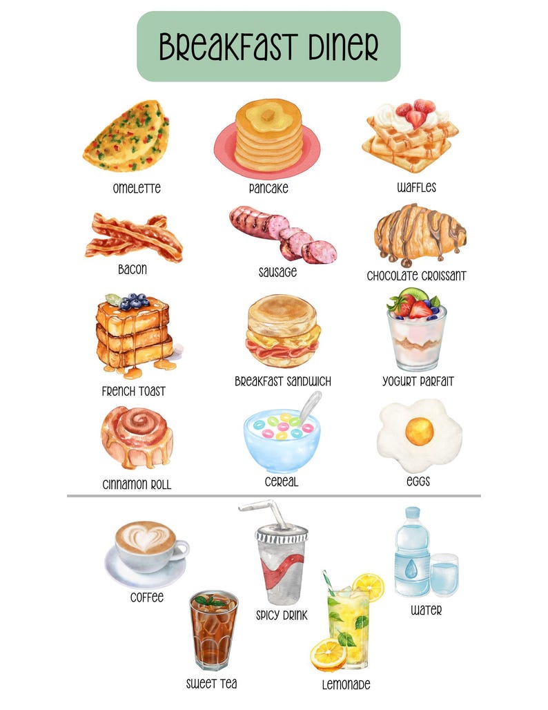 Printable Pretend Breakfast Menu for Kids// Learning Activities - Etsy