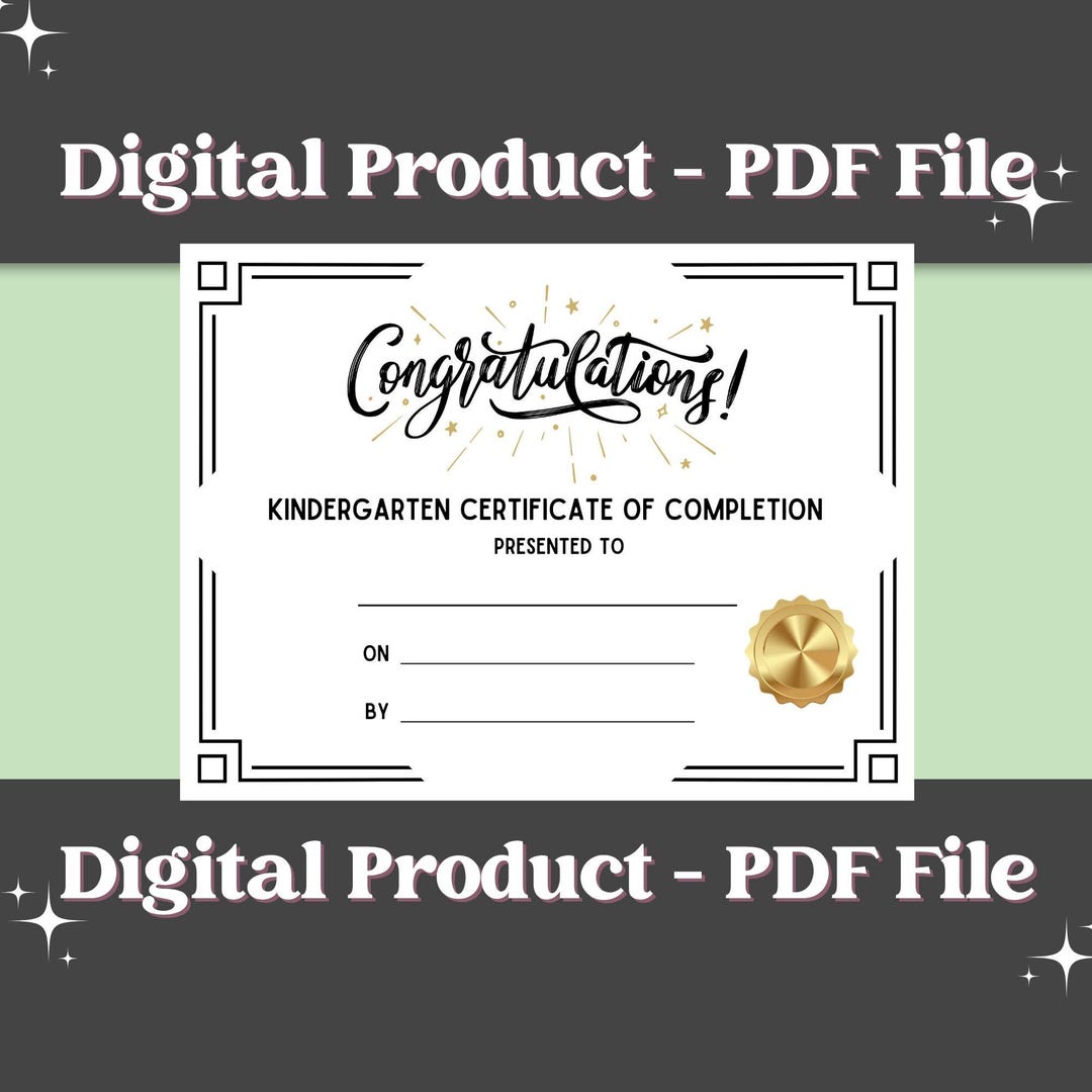 Printable Kindergarten Graduation Certificate of Completion Digital PDF ...