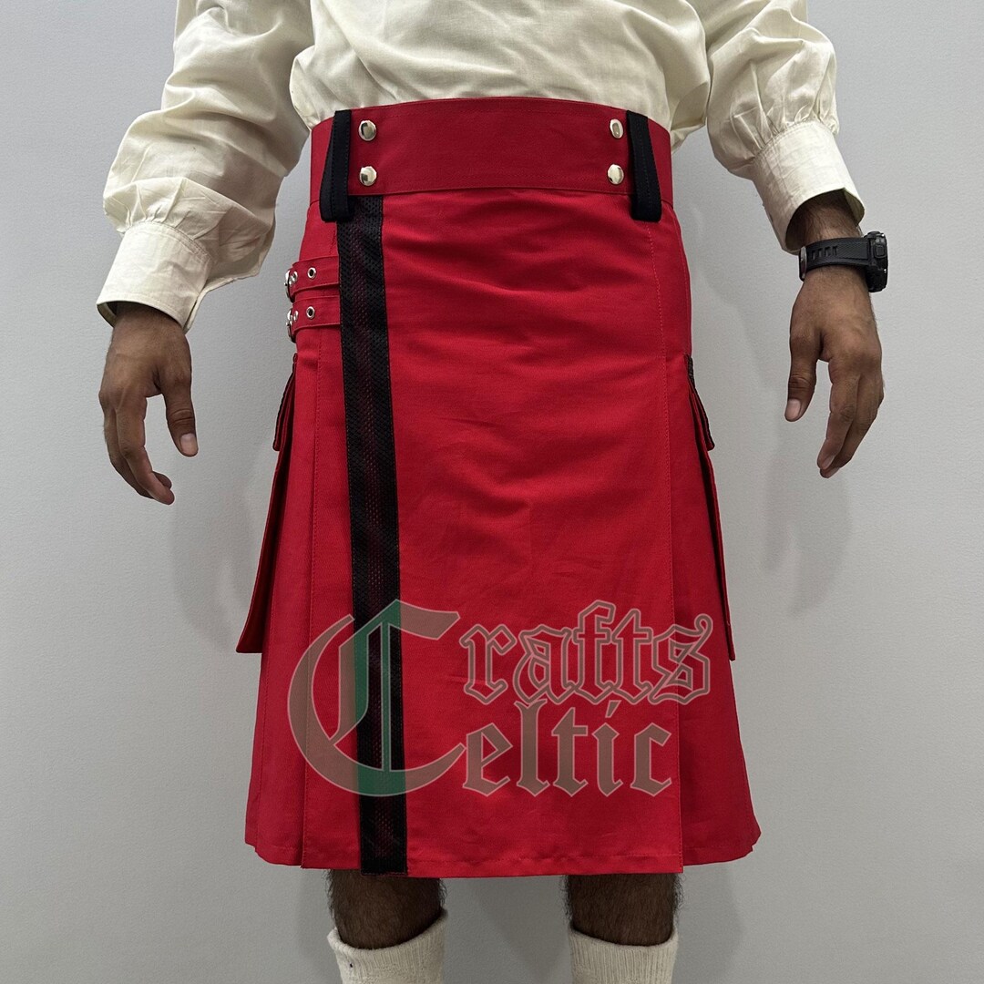 Scottish Red Utility Kilt - Handmade Black Mesh Red Kilt for Men ...