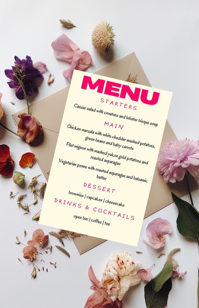 Editable Wedding Menu Template: Dinner Party Canva Design (digital ...