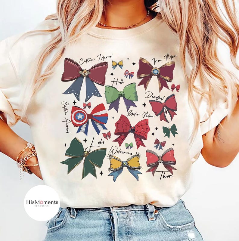 Retro Coquette Bows Marvel Comfort T-shirt, Super Heroes Inspired Shirt ...