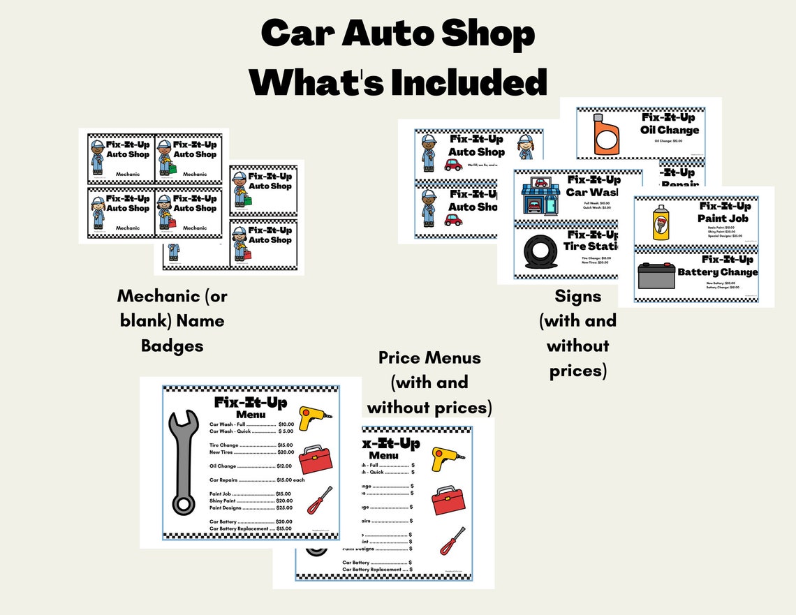 Printable Car Auto Shop Mechanic Dramatic Play and Learn Set - Etsy