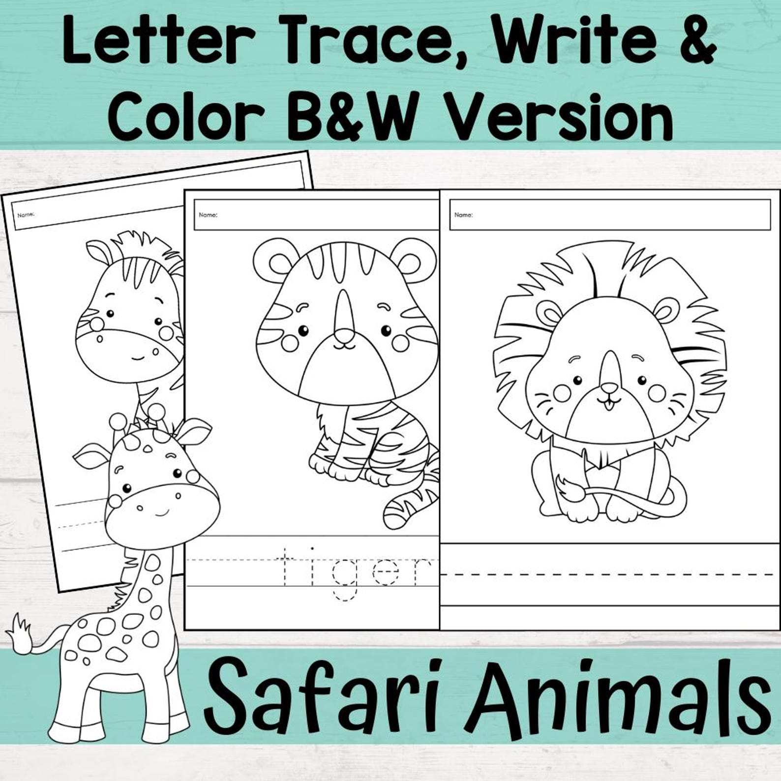 Safari Animal Handwriting Trace Color and Write Worksheets - Etsy