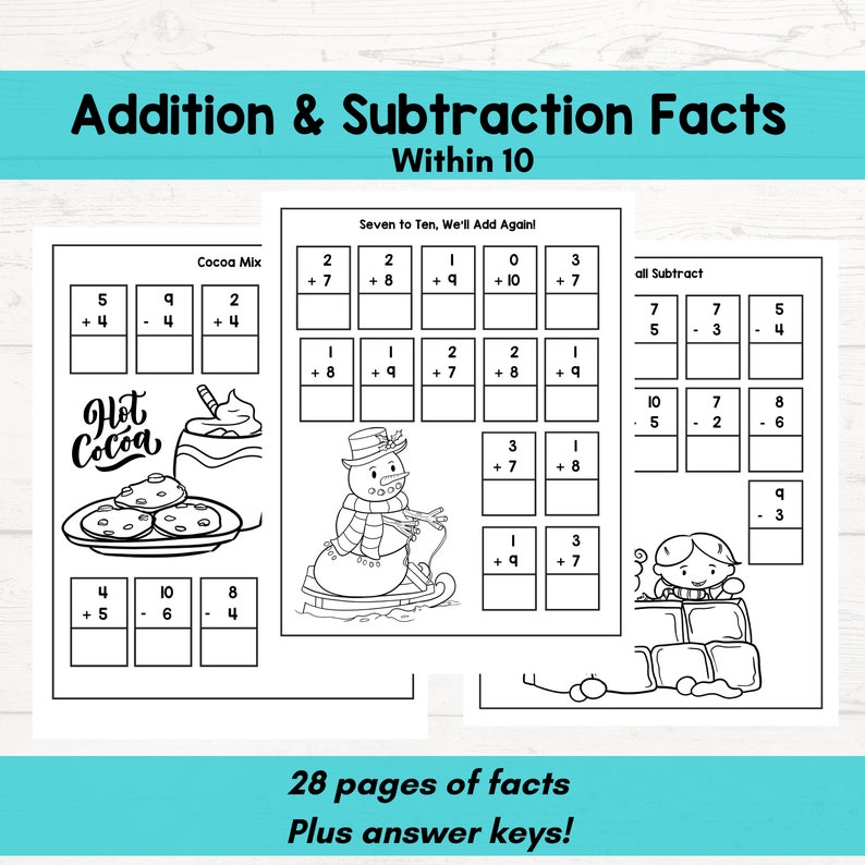 Printable Addition and Subtraction Facts to Color With a Fun Winter ...