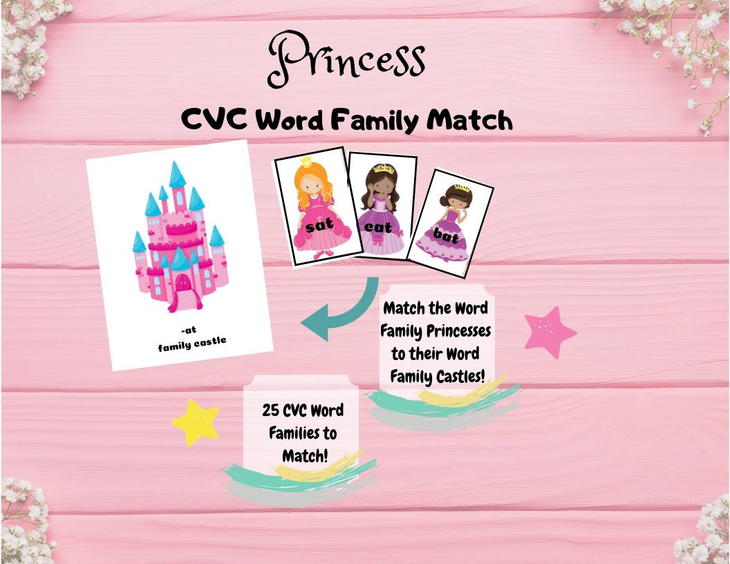 Princess Castle CVC Printable Word Match Game for Phonics Reading and ...