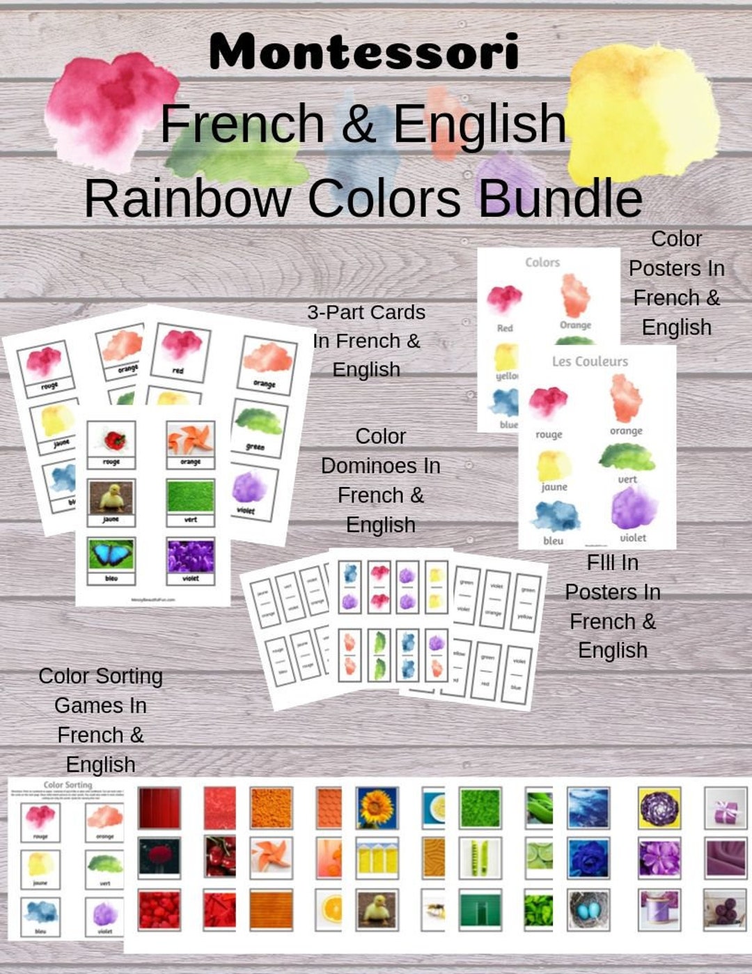 Montessori Rainbow Colors Printable Bundle - French & English 3 Part ...