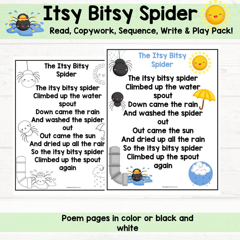 Itsy Bitsy Spider Copywork, Rhyme and Pretend Play Pack With Worksheets ...