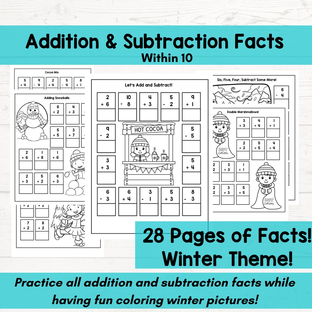 Printable Addition and Subtraction Facts to Color With a Fun Winter ...
