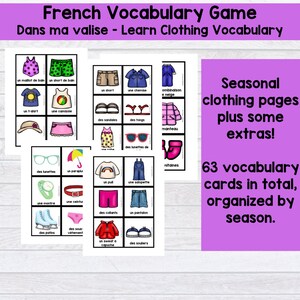 French Clothing Vocabulary Game Cards Writing Unit - Dans Ma Valise Il ...