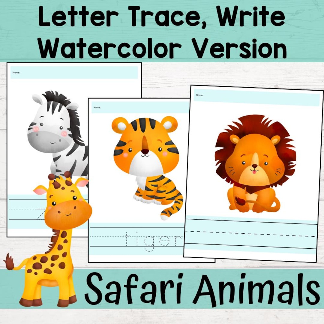 Handwriting Tracing Safari Animals Pages Watercolor Version - Etsy