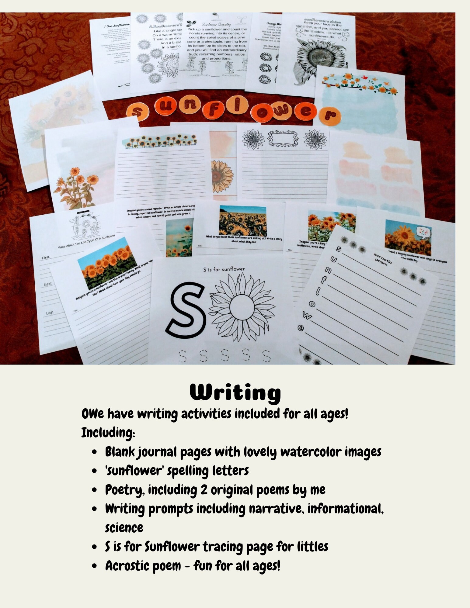 Sunflower Printable Learning Unit Science Writing Math Poetry | Etsy