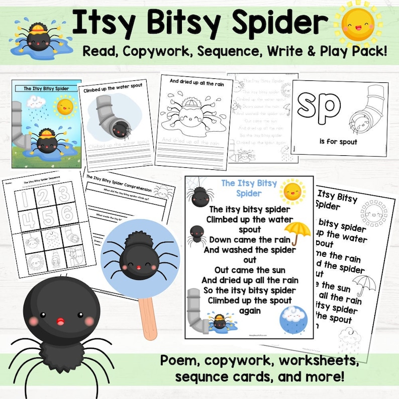 Itsy Bitsy Spider Copywork, Rhyme and Pretend Play Pack With Worksheets ...