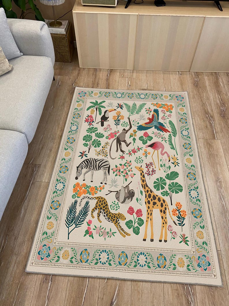 Tropical Safari Animal Rug: Washable Chenille Jungle Carpet - Etsy