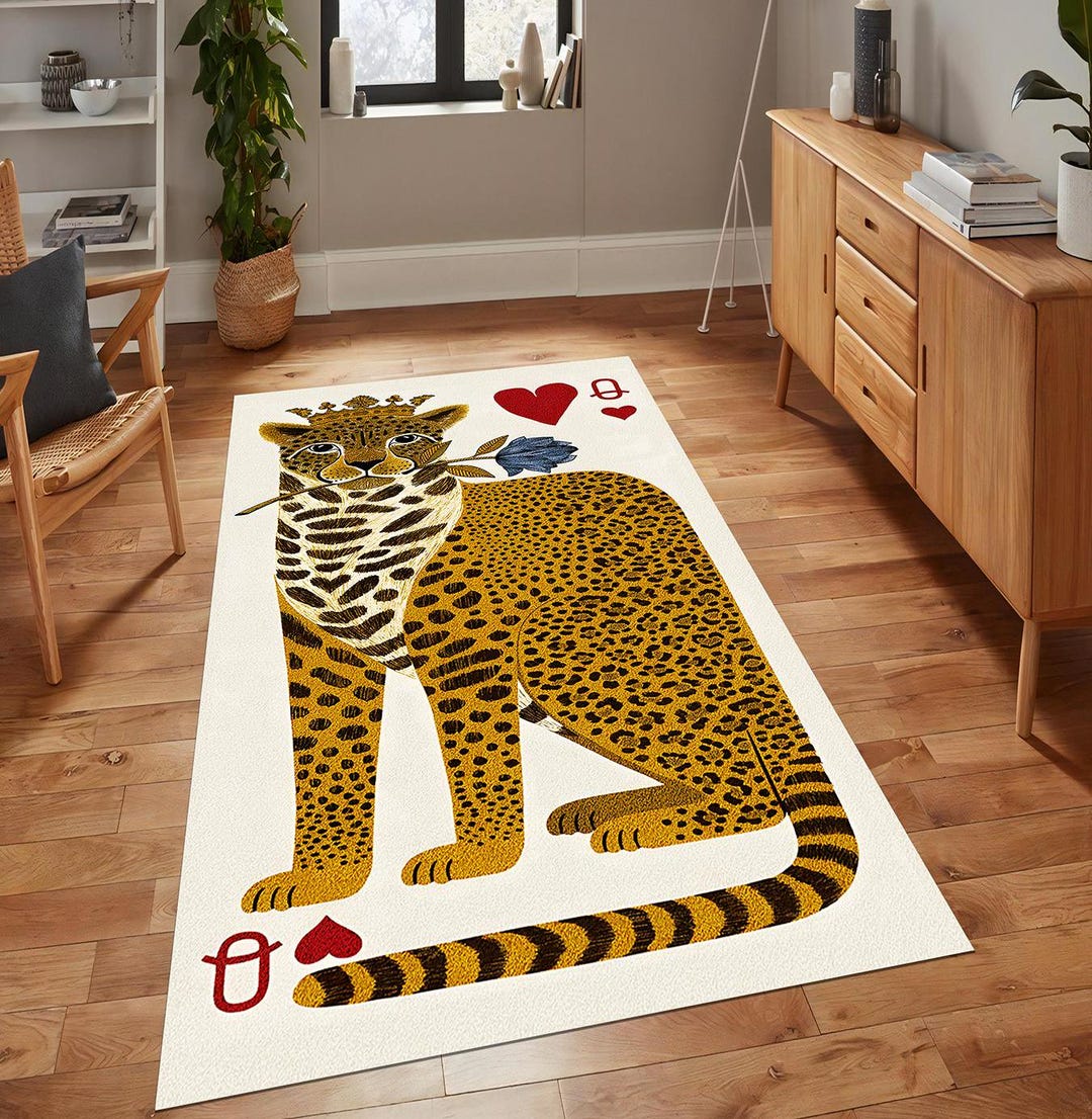 Queen of Hearts Rug With Crowned Leopard and Playing Card Motifs ...