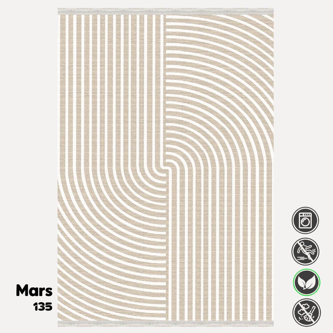 Minimalist Curved Line Area Rug in Beige and White, Washable Modern ...