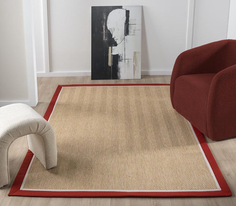 Handmade Sisal Rug: Natural Beige With Red & White Border - Etsy