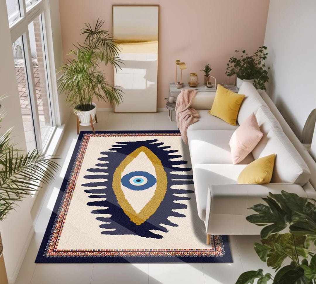 Modern Evil Eye Chenille Rug: Blue & Gold Design, Washable Carpet - Etsy