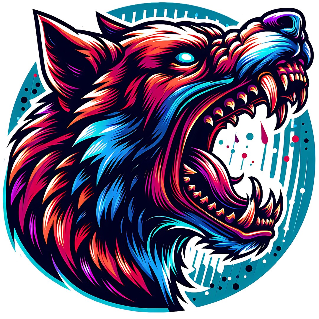 Aggressive Neon Wolf Head Digital Illustration Vibrant Bright Colors ...