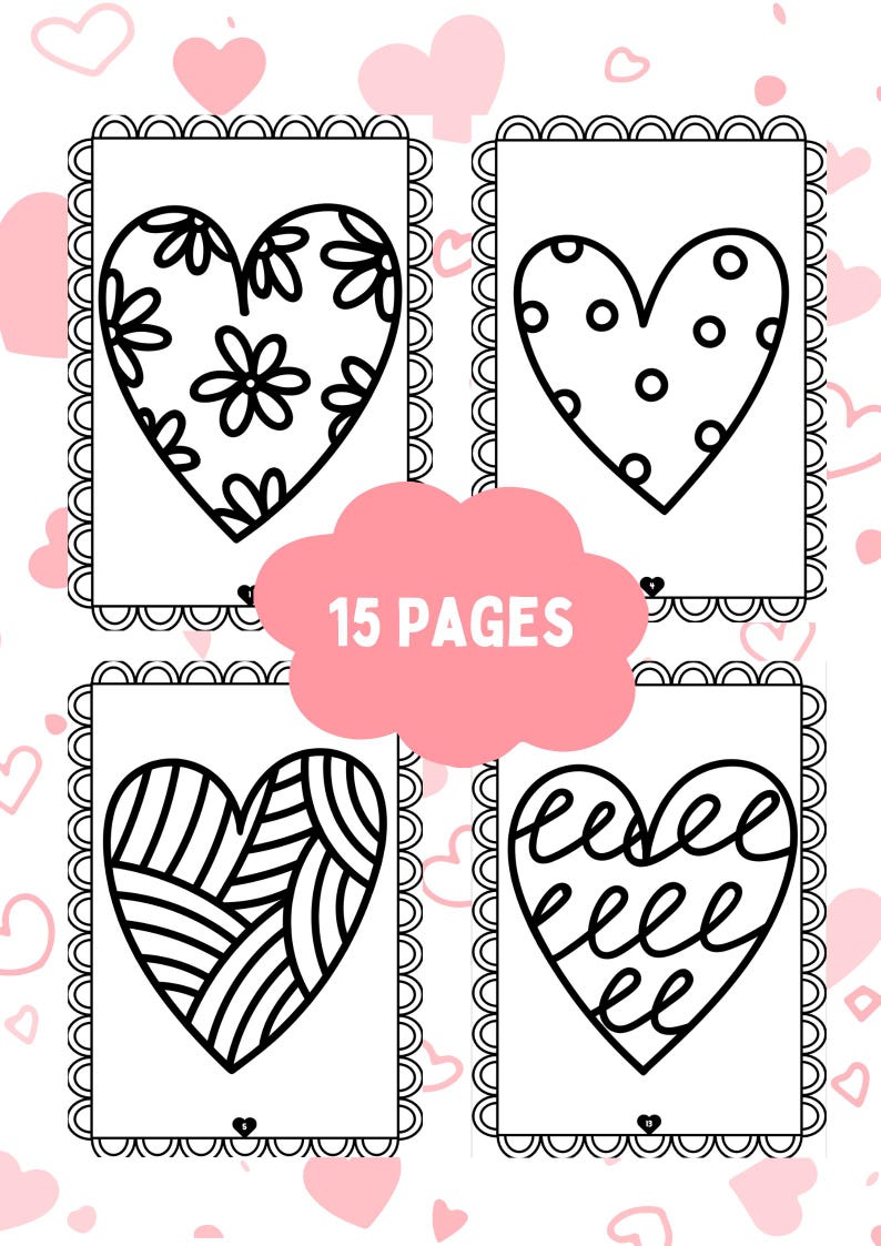 Love Heart Coloring Pages, Instant Download, PDF, Printable, Valentines ...