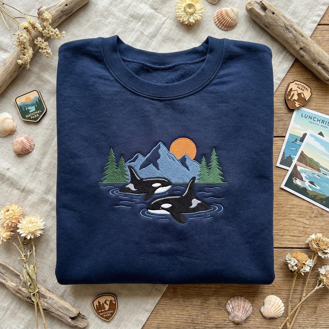 Orca Embroidered Sweatshirt, Killer Whale Pair Nature Design Jumper ...