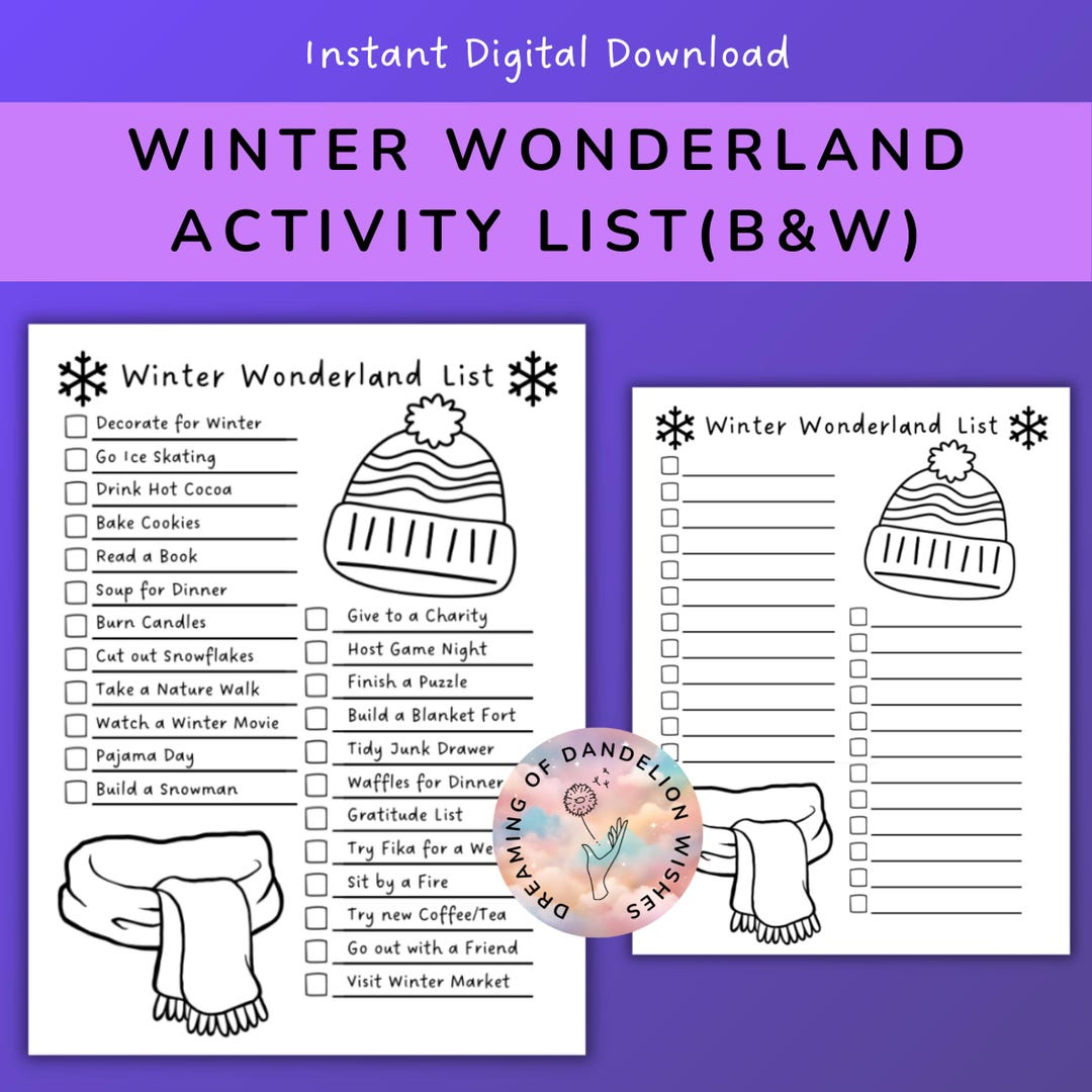 Winter Wonderland Activity List Black and White - Etsy