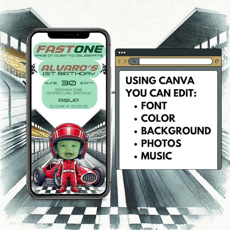 Editable Fast One Race Car 1st Birthday Invitation – Animated Photo ...