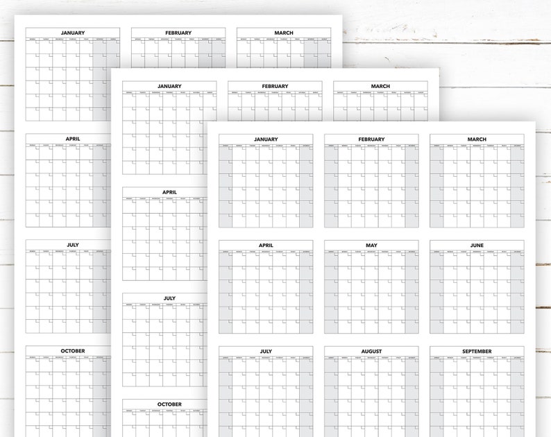 Blank Yearly Calendar Template Printables Set Multiple - Etsy