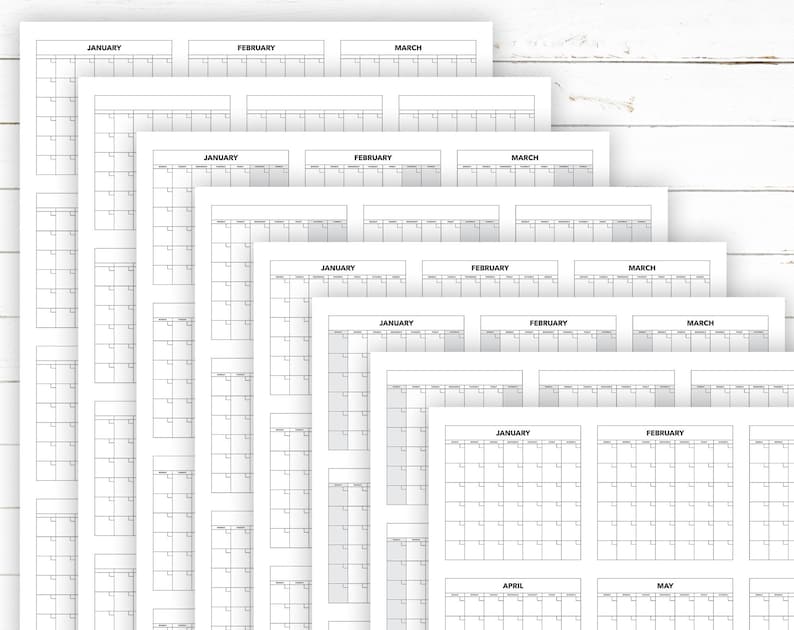 Blank Yearly Calendar Template Printables Set - Multiple Variations ...