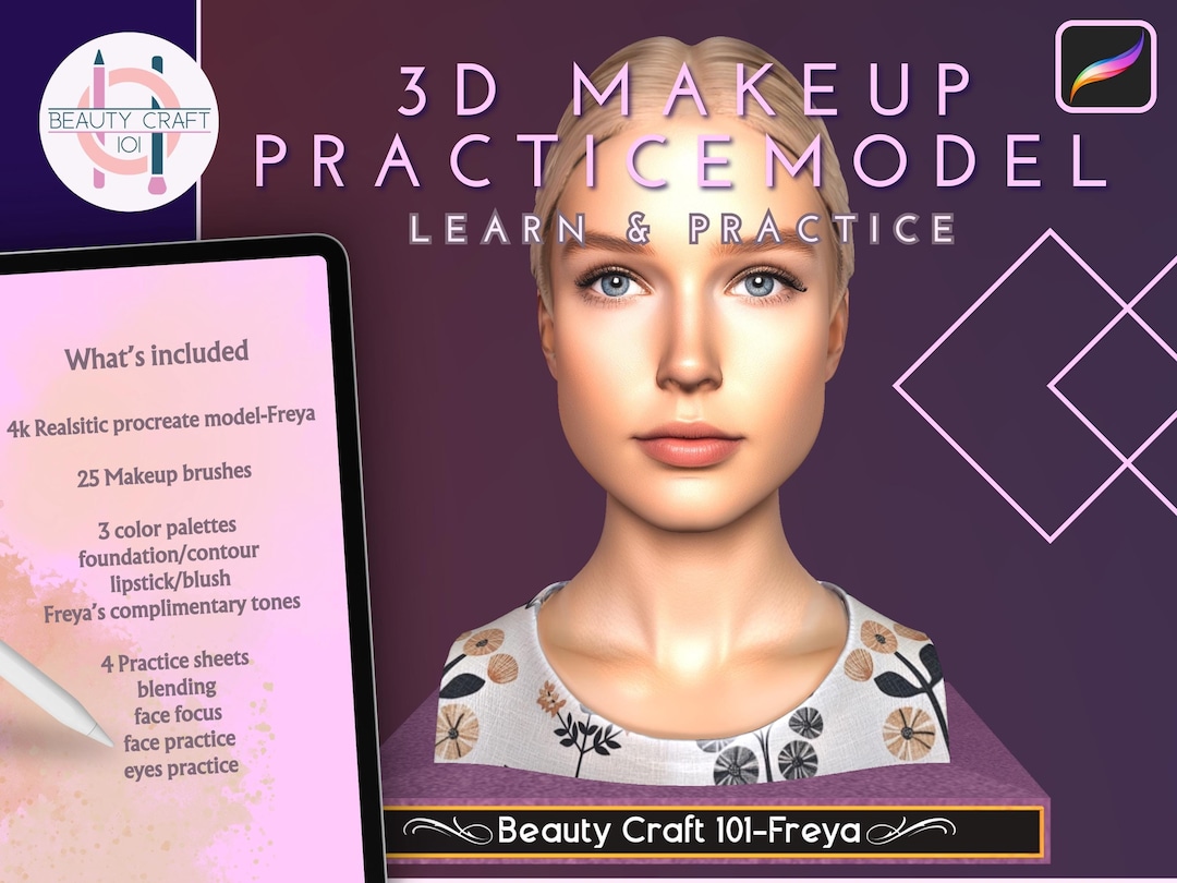 3D Makeup Practice Model Freya Set for Procreate | 25 Procreate Beauty Makeup Brushes, 3 Color ...
