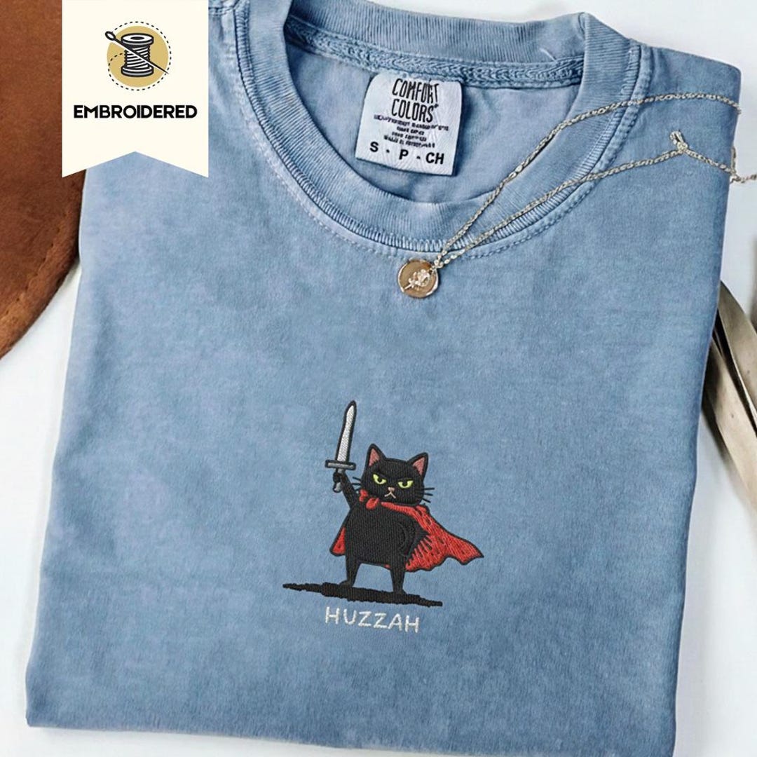 Embroidered Huzzah Knight Cat Comfort Colors Shirt, Funny Dnd Gift - Etsy