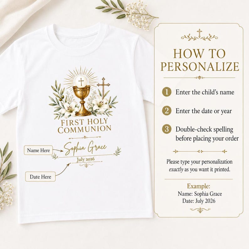 First Holy Communion Shirt, Personalized First Communion Youth Tee - Etsy