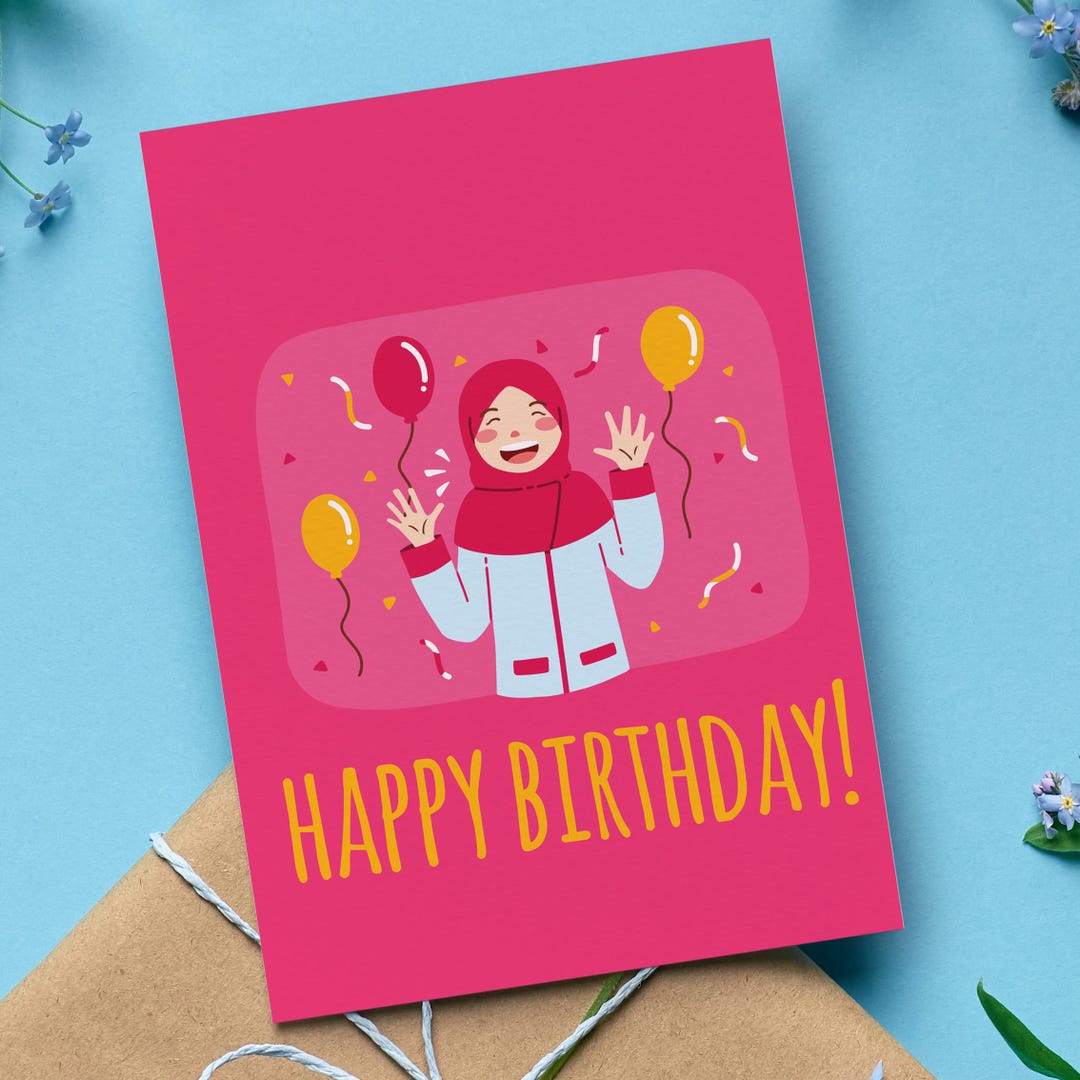 Happy Birthday Card With Envelope, Cute Muslim Hijabi Design, Perfect ...