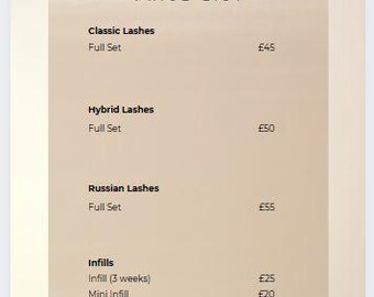 Lash Extension Price List Template | Editable Salon Services Menu ...