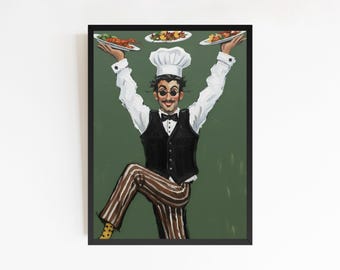 Retro Waiter Wall Art Print, Whimsical Wine Server Poster, Funny Bar ...