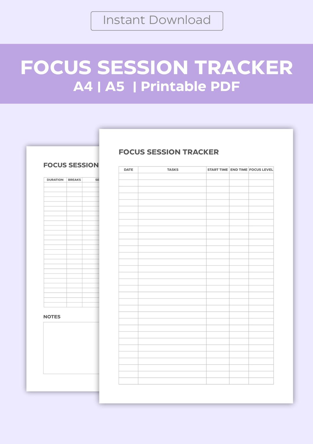 Focus Session Tracker Focus Planner Printable Productivity Tracker for ...