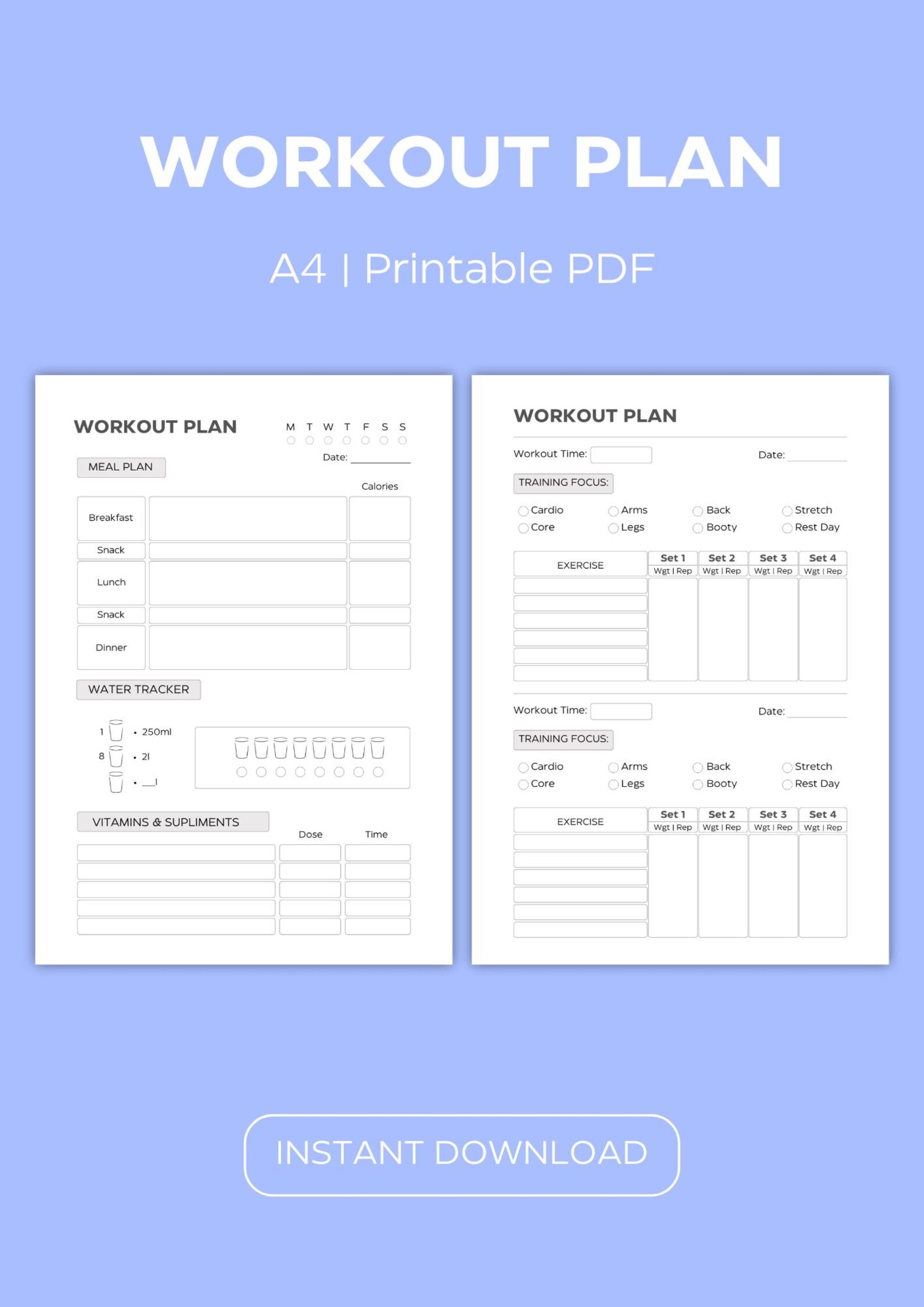 Fitness Planner Printable | Workout Tracker PDF Download | Exercise Log ...